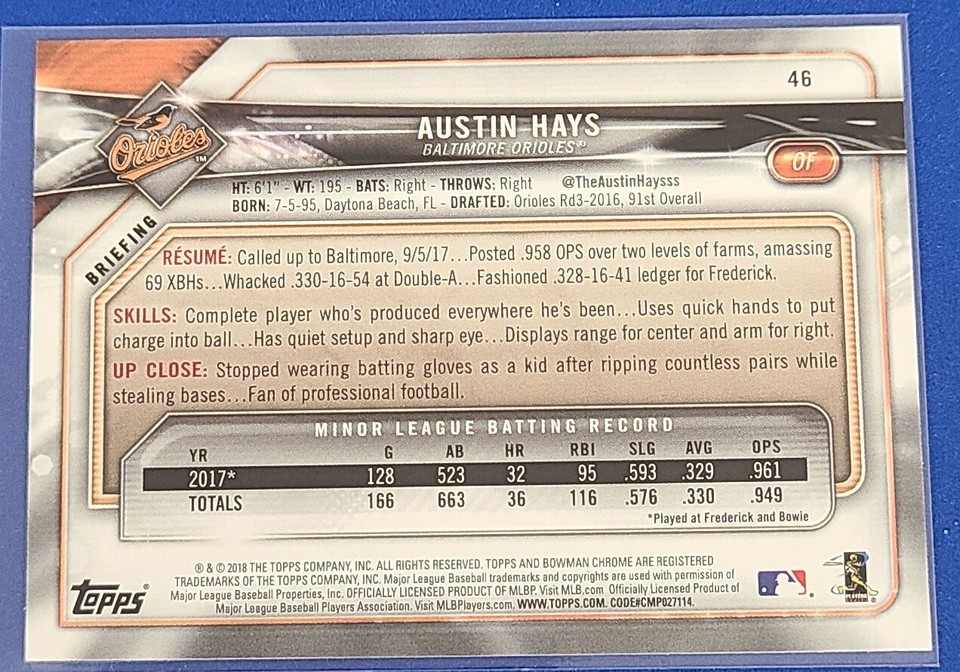 2018 Bowman RC #46 Austin Hays Baltimore Orioles Baseball Card d | eBay