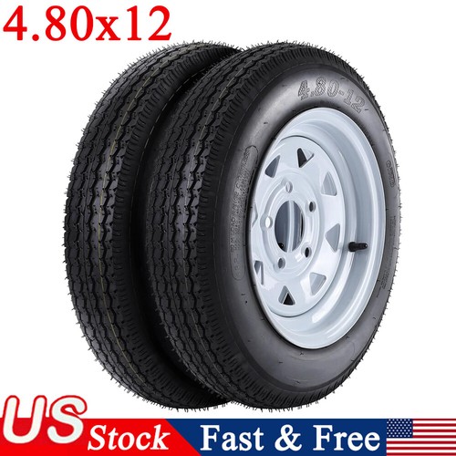 2PCS 4.80-12 Trailer Tires & Rims 4.80x12 6PR LRC 5 Lug White Spoke ...