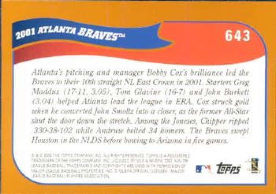 2002 Topps #643 Atlanta Braves NM-MT Braves TC ID:81669 | eBay