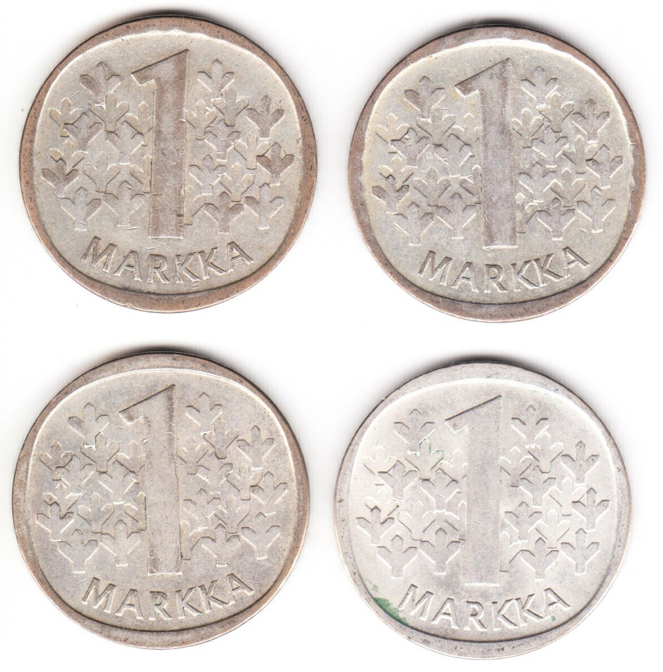 1964, 1965, 1966, 1967 Finland 1 Markka World Silver Coin. 4 coin lot ...