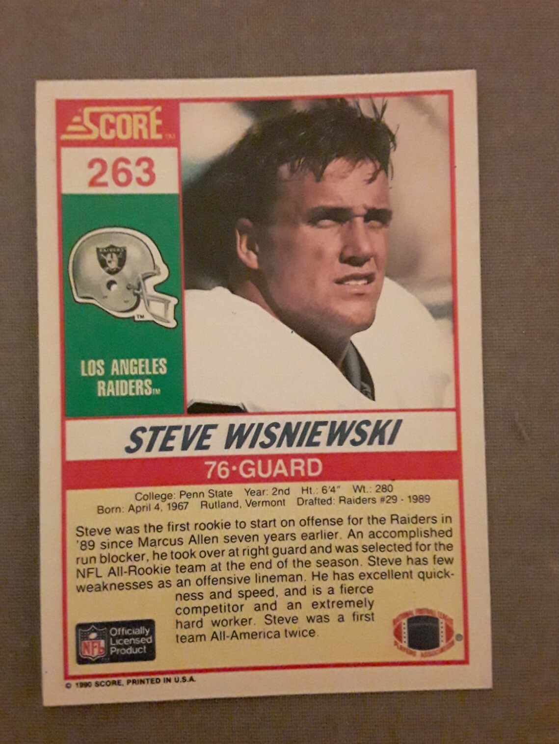 1990 Score STEVE WISNIEWSKI Football Card #263. LOS ANGELES RAIDERS ...