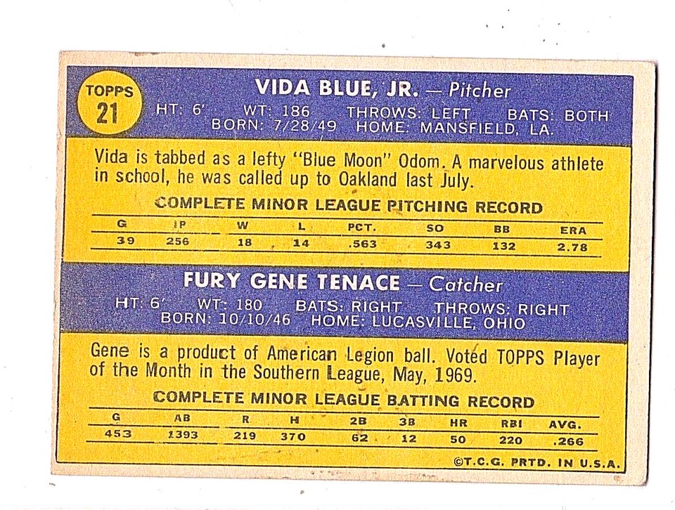 Vida Blue 1970 Rookie & Gene Tenace Autographed Signed Baseball Card ...