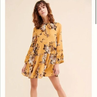 Anthropologie Tie Neck Print Longsleeve Babydoll Dress Size S D07 | eBay