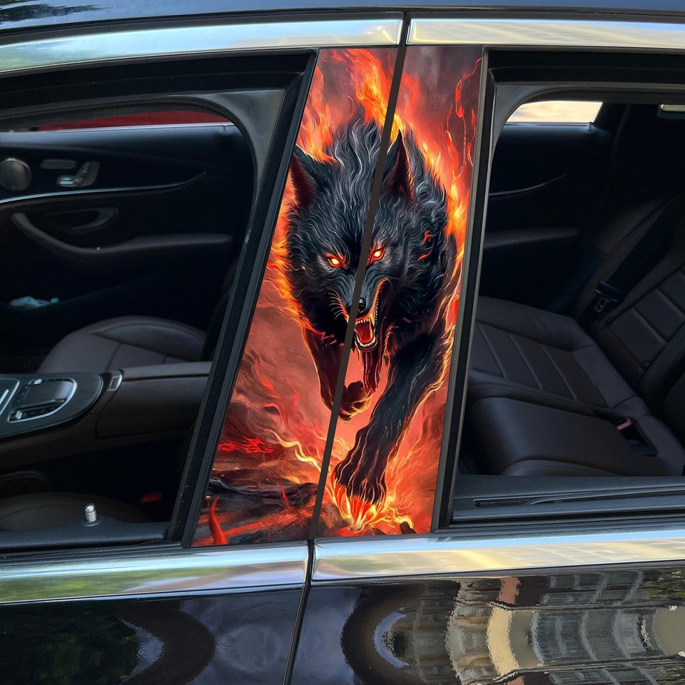 Car Center Pillar Sticker Car Door Pillar Decals Black Wolf Engulfed In ...