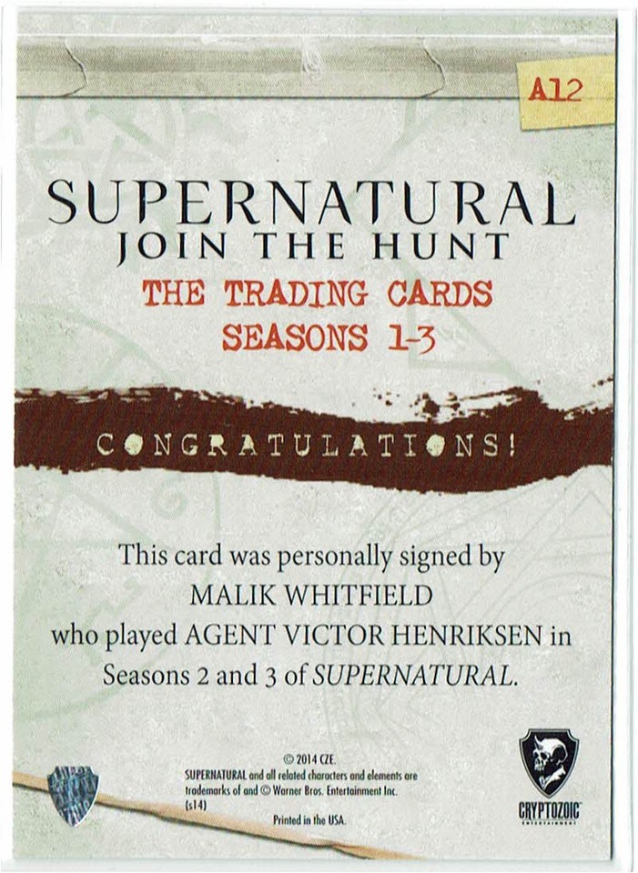 Supernatural Seasons 1-3 Auto Autograph A12 Malik Whitfield as Victor ...