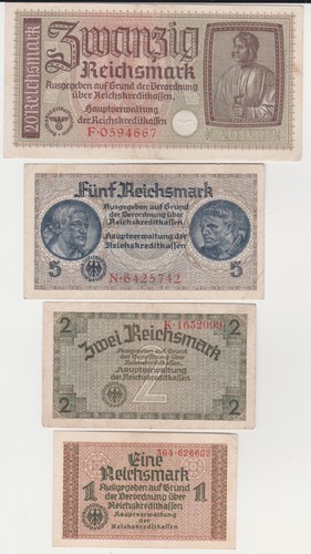 Lot Nazi Germany 3rd Reich set 1, 2, 5, 20 reichsmark / mark banknotes ...