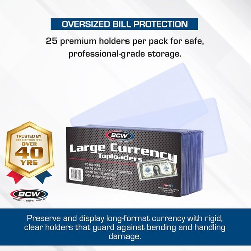 25 Large Currency Sleeves Semi Rigid Banknote Topload Safe Storage ...