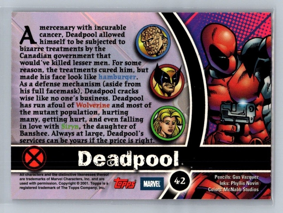 2001 Marvel Legends #42 Deadpool Topps Trading Card Base Set Wade ...