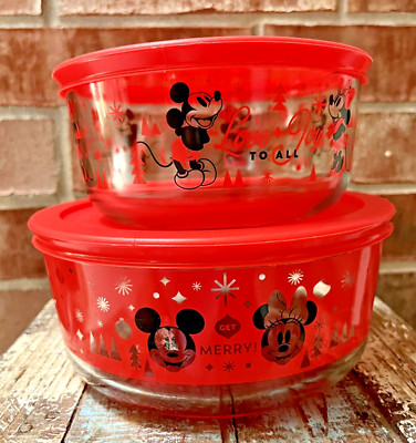 Pyrex Disney Holiday Mickey and Minnie Mouse CHRISTMAS Set/2 Glass ...