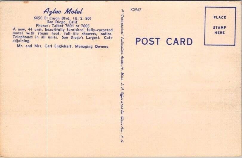 SAN DIEGO, California Postcard AZTEC MOTEL Highway 80 Roadside Linen ...