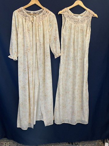 Vtg 60s Set Nightgown Robe M Union Label Floral - Gem