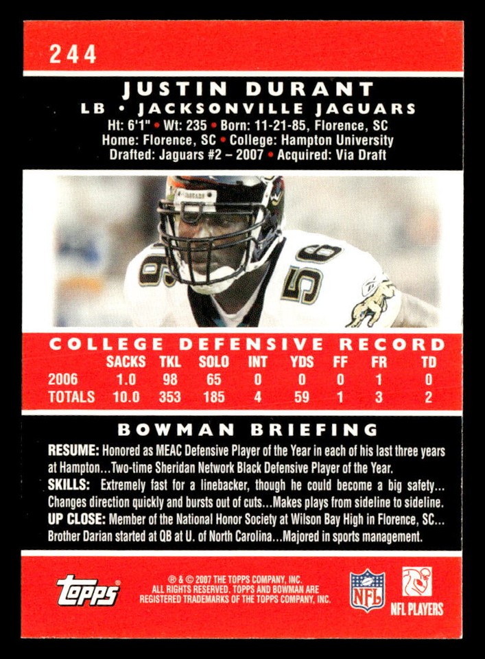 Justin Durant 2007 Bowman Rookie Card #244 Jacksonville Jaguars Hampton ...