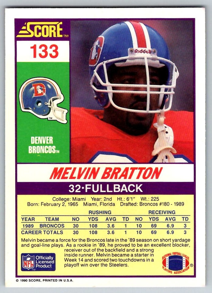 1990 SCORE MELVIN BRATTON RC DENVER BRONCOS #133 | eBay