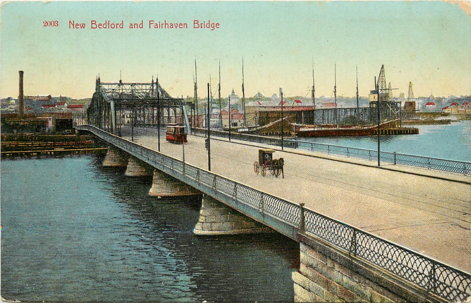 c1907 Postcard; New Bedford & Fairhaven Bridge MA Horsedrawn & Trolley ...