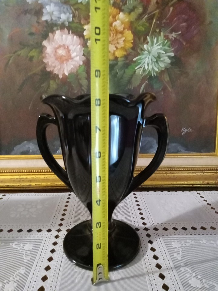Vintage Black Milk Glass Double Handle Wavy Rim Trophy Style Vase 8" | eBay