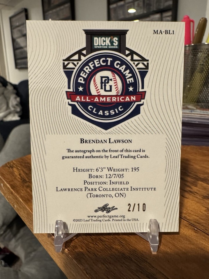 BRENDAN LAWSON 2023 LEAF PERFECT GAME TOP PROSPECT 1st RC AUTO #/10 ...