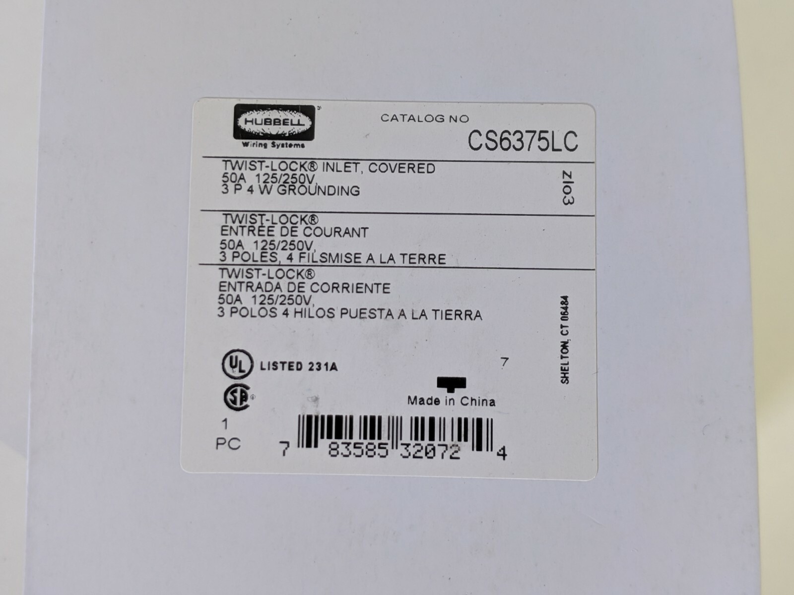 Hubbell CS6375 Locking Inlet 3p-4w 50amppolarized 125/250v - Metallic ...