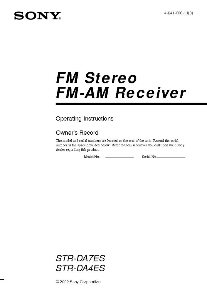 Sony STR-DA7ES STR-DA4ES AV Receiver Owners Manual | eBay