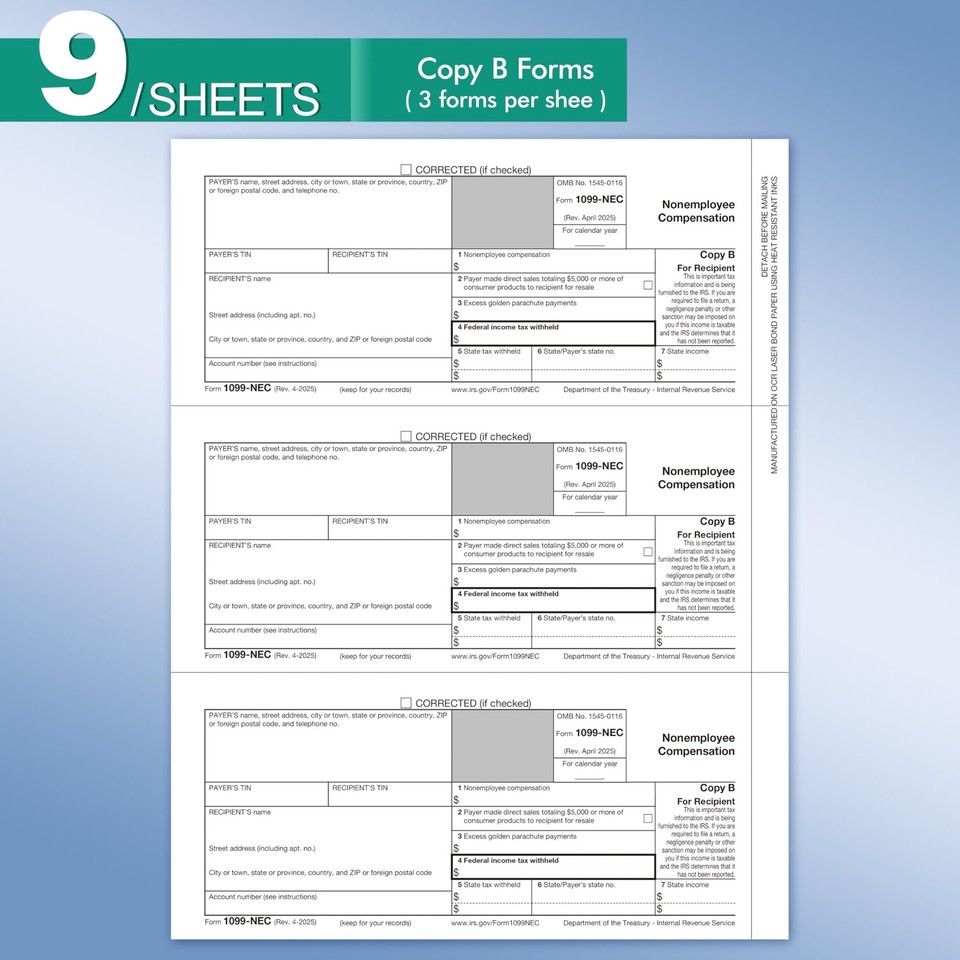 1099 NEC Forms 2025 with Envelopes, 25 2025 1099 NEC Tax Forms, 4 Part ...