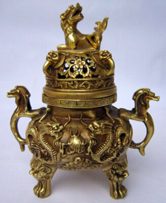Marked Chinese Bronze Dynasty Two Dragon Play Bead Beast Incense Burner ...