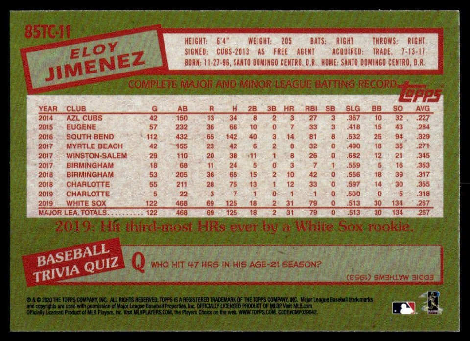 2020 Topps Chrome 85TC-11 Eloy Jimenez White Sox Baseball Card ...