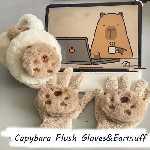 Soft Full Finger Capybara Plush Earmuffs Thicken Cartoon Winter Gloves ...