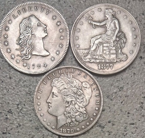 3 Types 1794 Flowing Hair 1877 Trade Dollar 1879 Morgan Silver Dollar ...