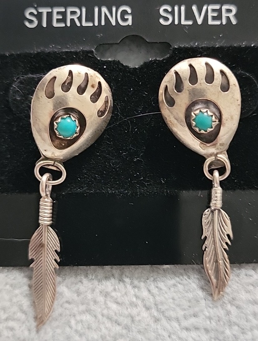 Native American Navajo Sterling Bear Claw Drop Feathe… - Gem