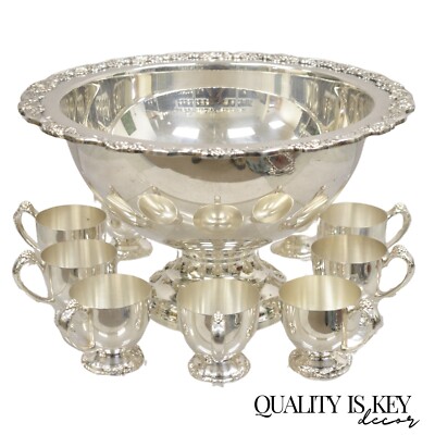 Vintage Silver Plated Oneida Punch Bowl Set 10 Crescent Cups - 11 Pc ...