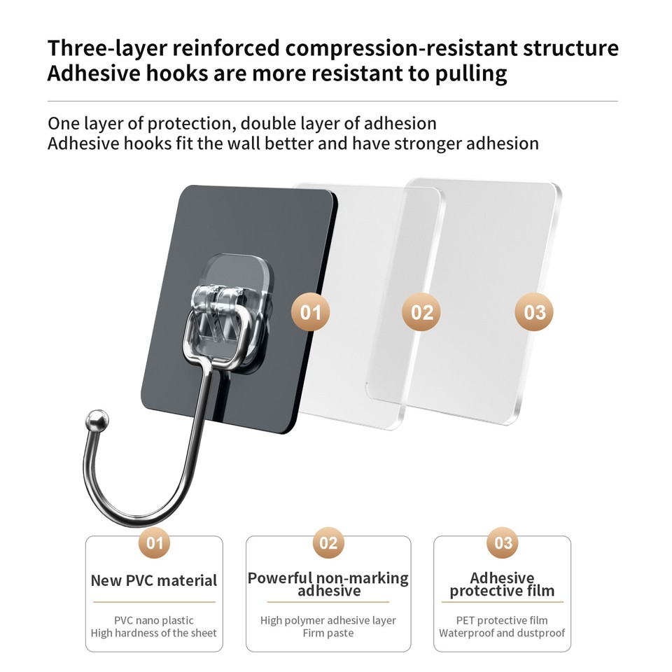 10/20/30 PCS Stainless Steel Adhesive Sticky Hooks Heavy Duty Wall Hook ...