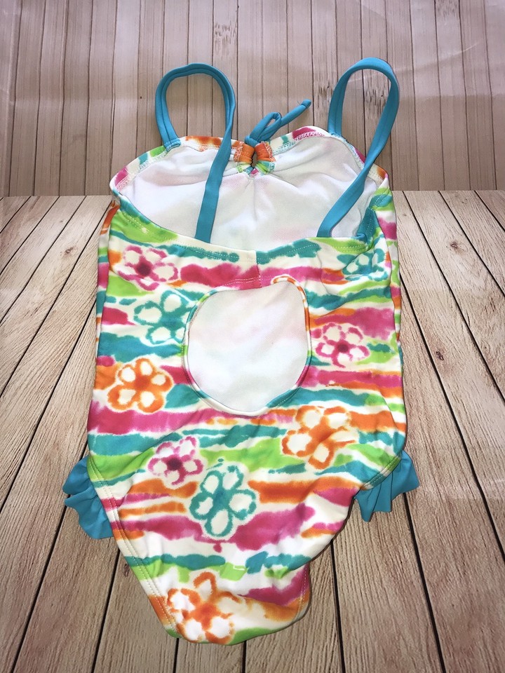 Girl's Beach Native Blue Trim Multicolored Floral One Piece Swimsuit ...