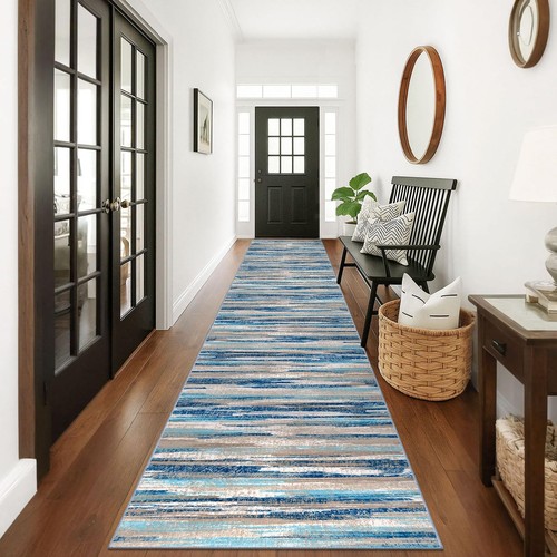 Modern Abstract Runner Rug 3x18, Blue Washable Long Kitchen Runner Non ...