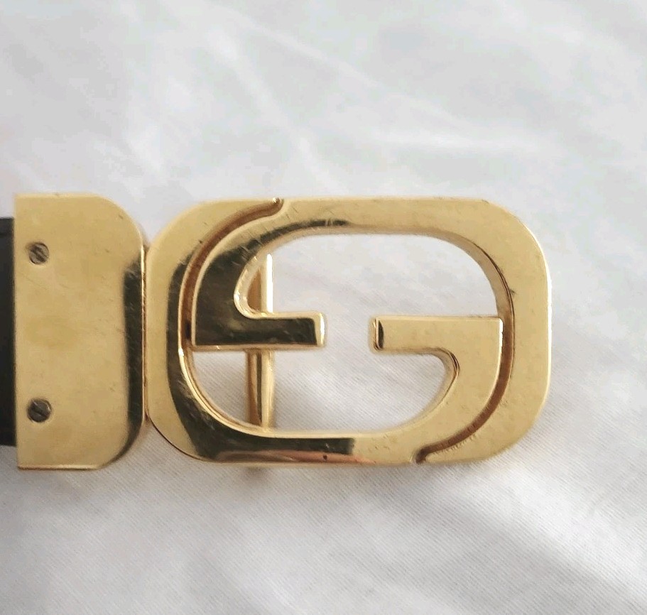 VINTAGE GUCCI Black / Brown Reversible Leather Gold GG Buckle Belt Mens ...