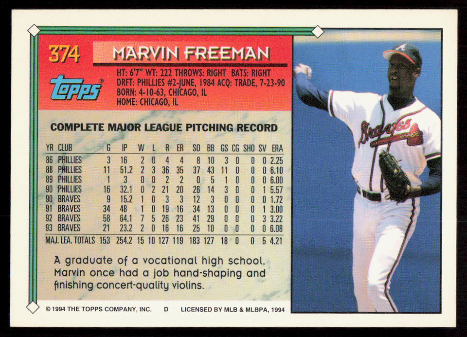 1994 Topps 374 Marvin Freeman Atlanta Braves | eBay