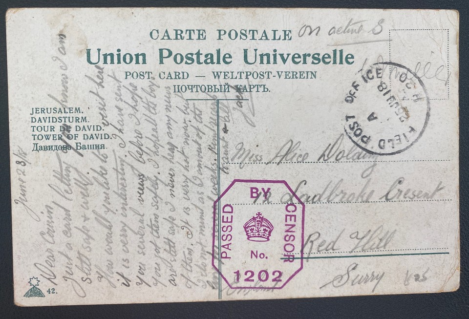 1918 Palestine Field Post office OAS Postcard Cover To Red Hill England ...