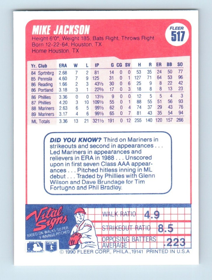 1990 Fleer Mike Jackson Seattle Mariners #517 | eBay