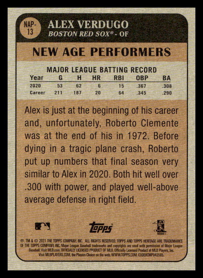 2021 Topps Heritage #NAP-13 Alex Verdugo Boston Red Sox | eBay