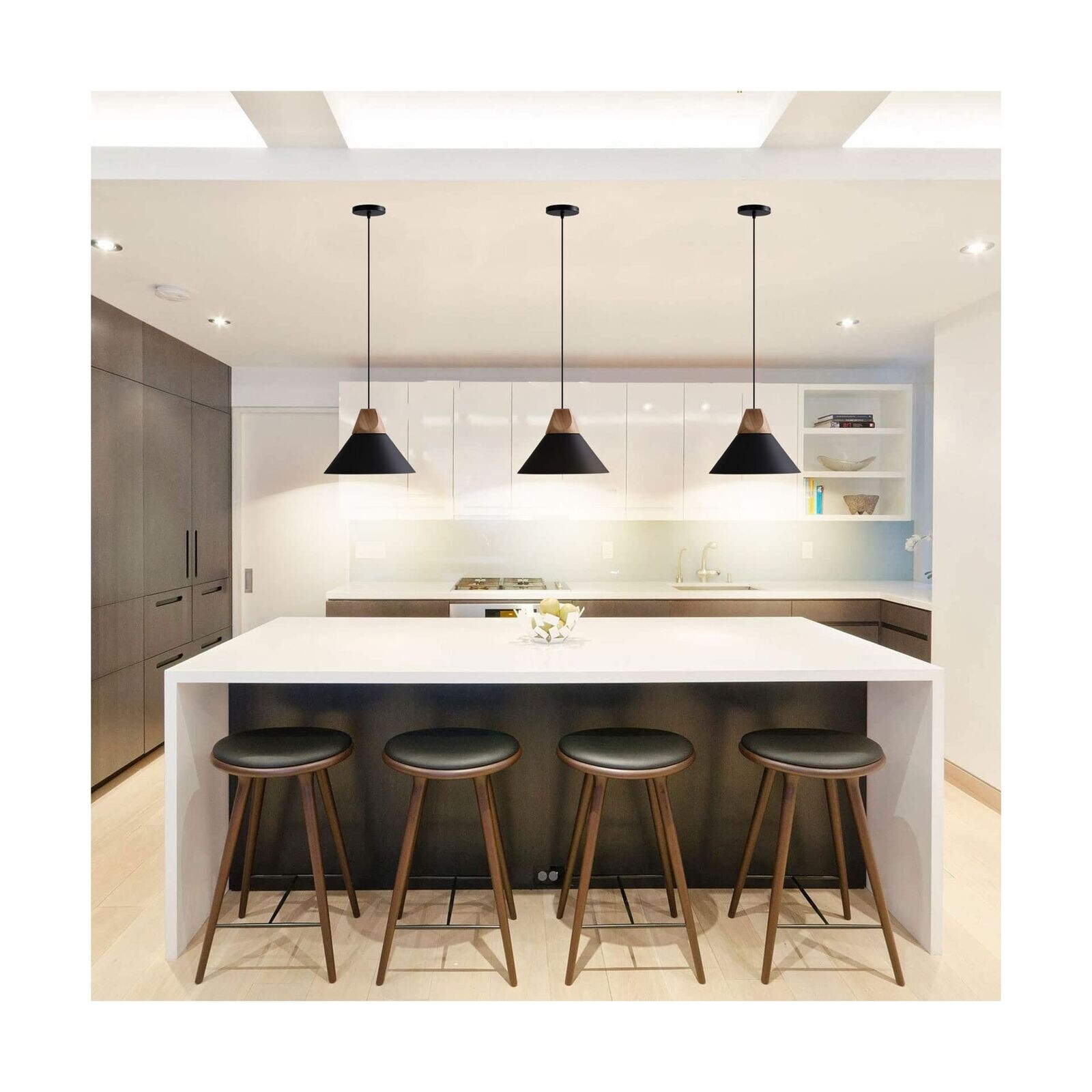 Yepoli Modern Matte Black Pendant Light with Wood Lamp Holder, 3-Light ...