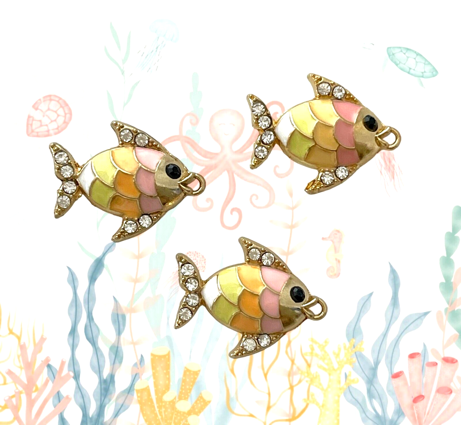 3 pcs Tropical Multicolor Fish Charms Sparkly Rhinestone Beading Drops ...