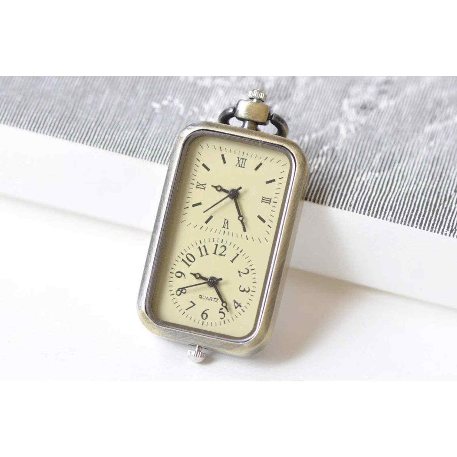 Dual Time Zone NEW Pocket Watch Pendant Vintage Bronze Rectangle ...