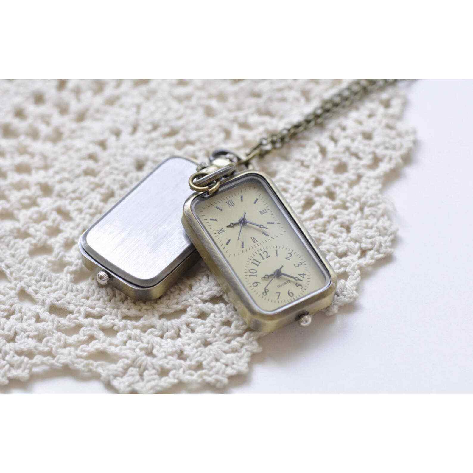 Dual Time Zone NEW Pocket Watch Pendant Vintage Bronze Rectangle ...
