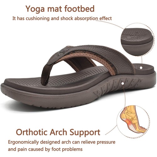 Mens Leather Sport Flip Flops Comfort Orthotic Thong Sandals with ...
