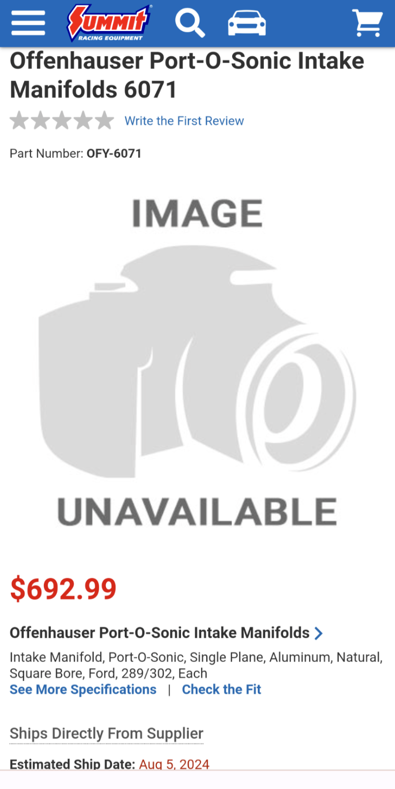 Offenhauser Offy Intake Hipo Ford Mustang HO Cougar Thunderbird F150 289 302 347 | 6071 ...