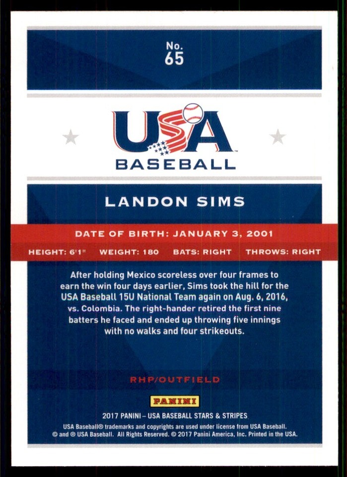 2017 Panini Stars and Stripes Landon Sims Rookie USA #65 Baseball ...