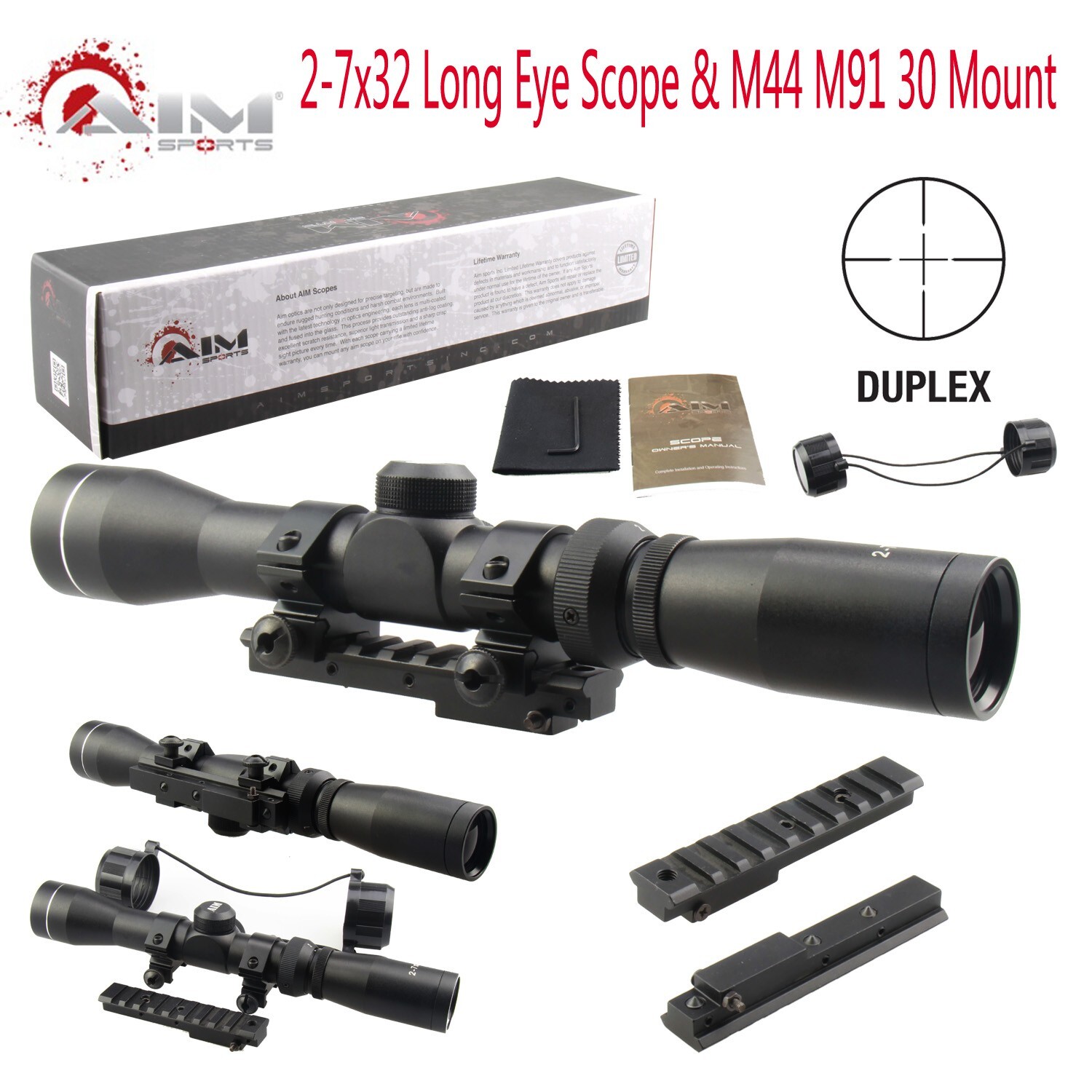 AIM Mosin Nagant 2-7x32 Long Eye Relief Scope + M44 M91 30 Scout Mount ...