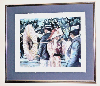 C.L. CUNNINGHAM Mixed Media Signed Framed Print Woman & Umbrella RARE ...