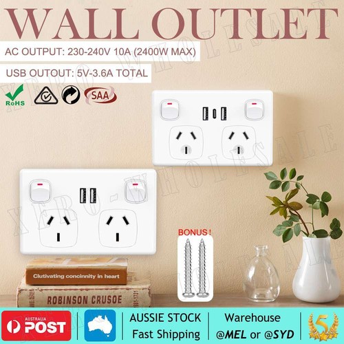 FAST Charge Dual USB & Type-C Double Power Point GPO Wall outlet Supply ...