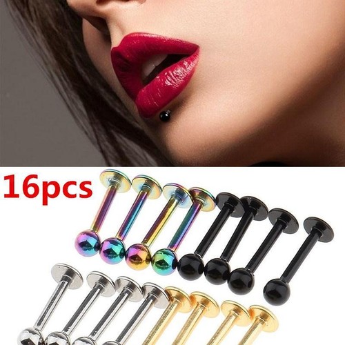 16Pcs 18G Stainless Steel Lip Chin Labret Bar Ring Stud Ball Body ...