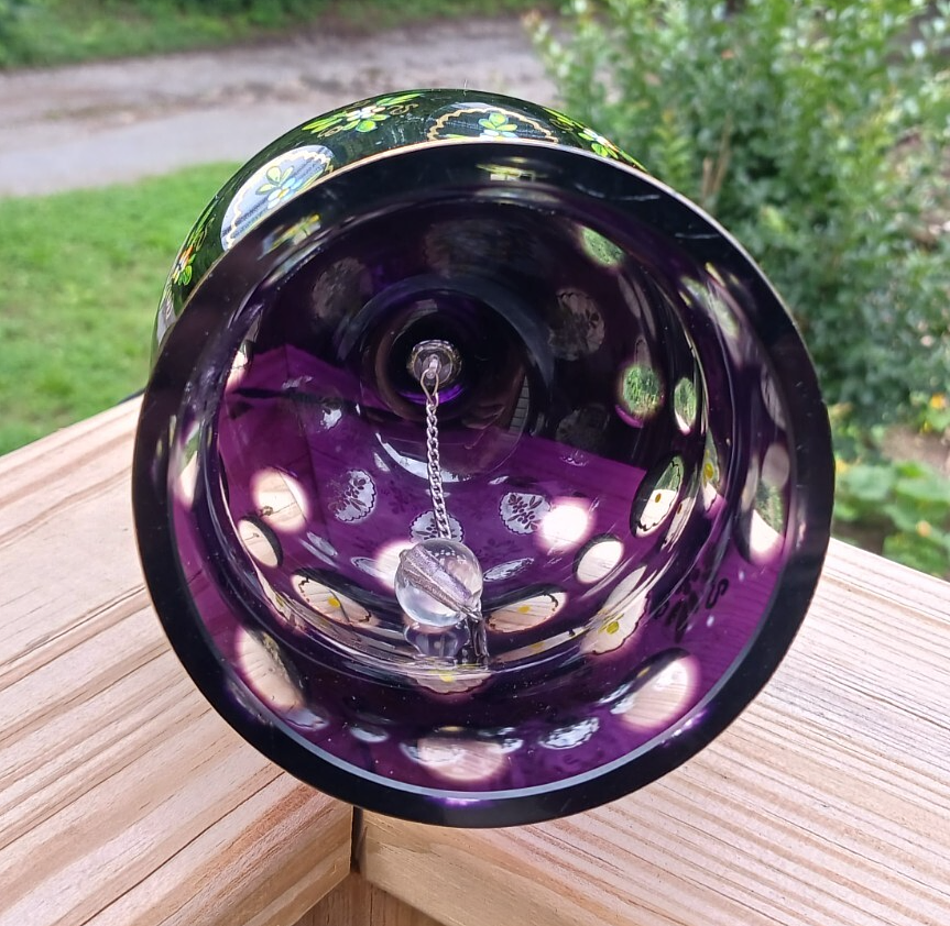 Vtg Bohemian 9" Amethyst Cut to Clear Bell Hand Painted Enamel Flowers ...