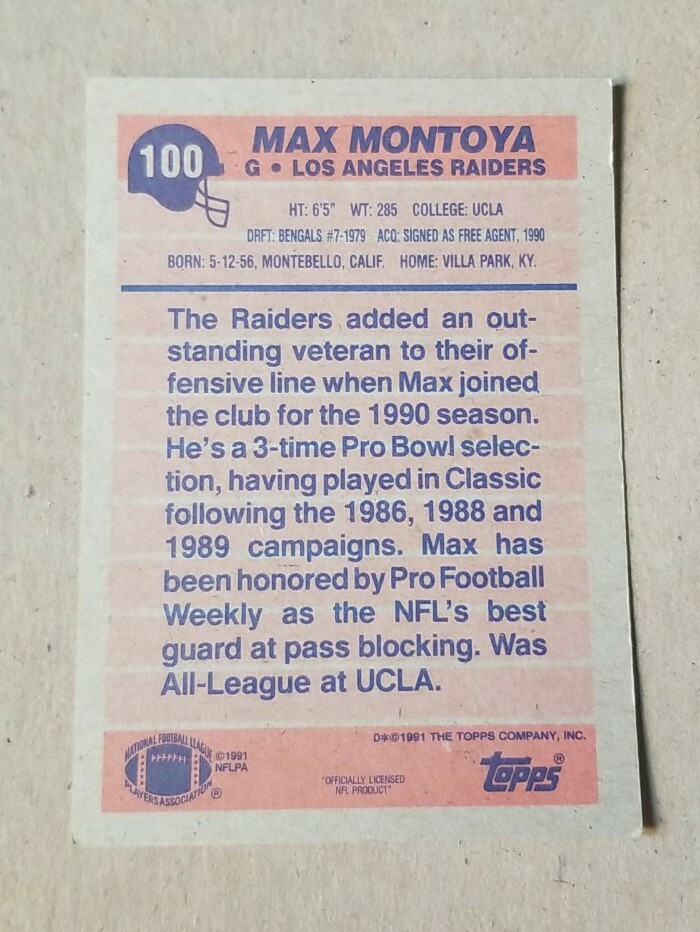 1991 Topps Football Card #100 Max Montoya - Los Angeles Raiders | eBay